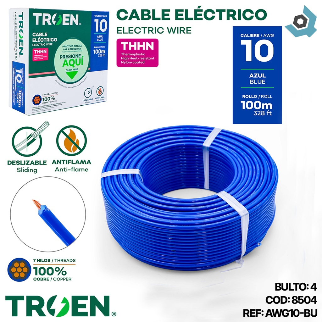 CABLE ELECTRICO 10 AWG AZUL 7 HILOS TROEN | Litani Import Export